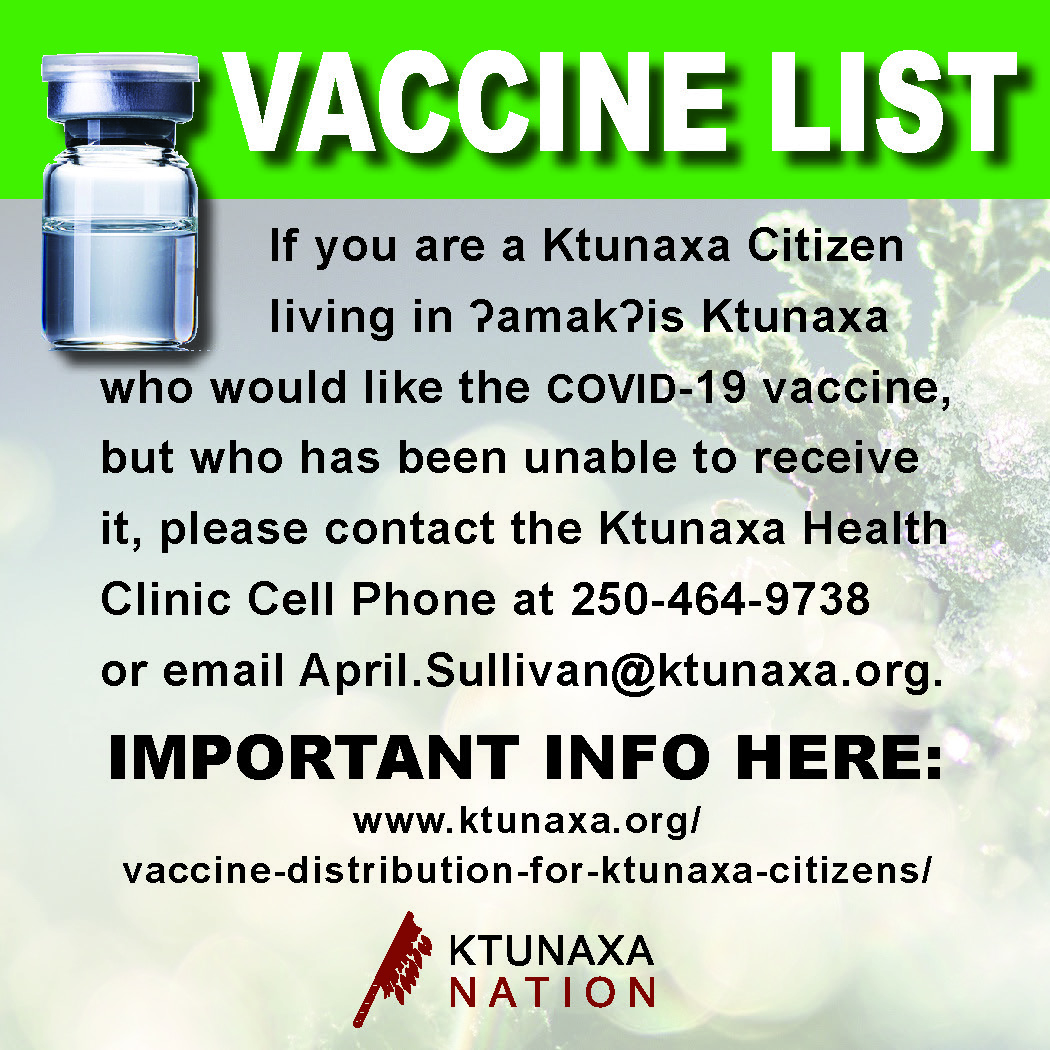 Vaccine distribution for Ktunaxa Citizens : Ktunaxa Nation